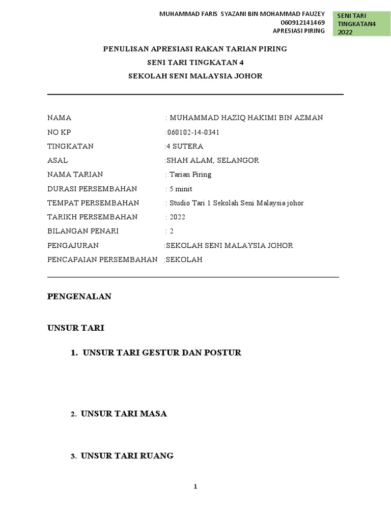 .Penulisan Apresiasi Rakan Tarian Piring Faris Syazani | PDF