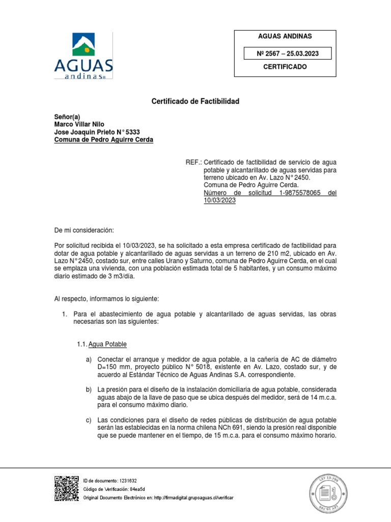 FACTIBILIDAD AGUA POTABLE Y ALCANTARILLADO AVDA LAZO 2450 | PDF