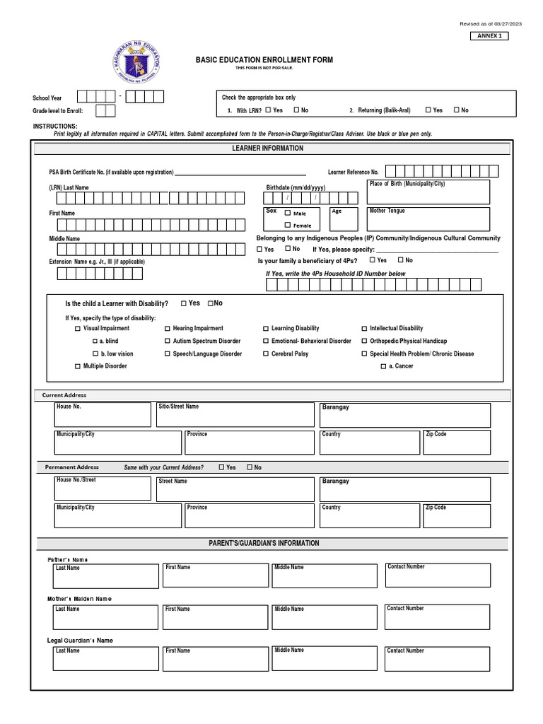 Annex Basic Education Enrollment Form | PDF | Disability | Visual ...