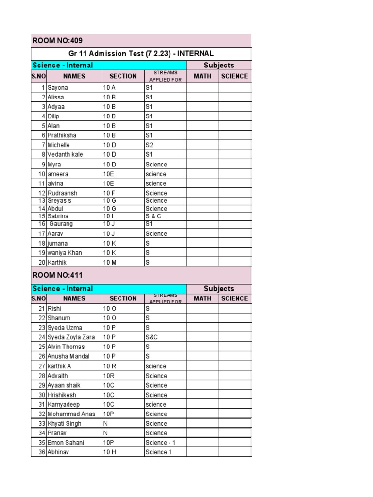 GR 11 Admission Test Seating Plan For Internal Students 7.2.23 | PDF