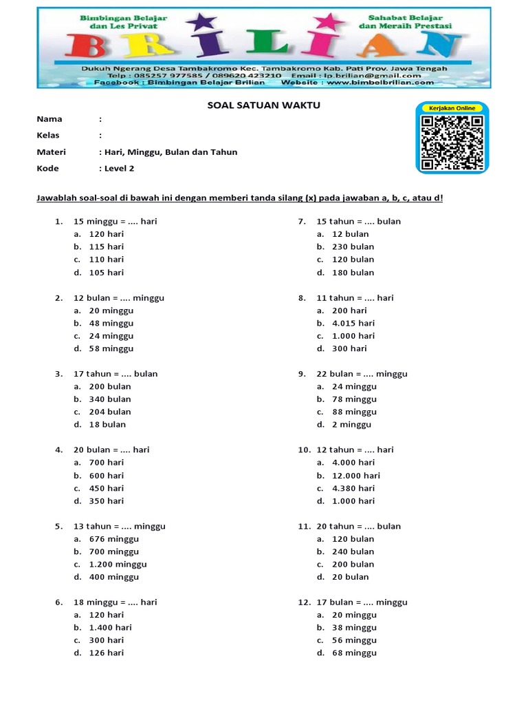 Soal Mengubah Satuan Waktu Hari, Minggu, Bulan Dan Tahun Level 2 | PDF
