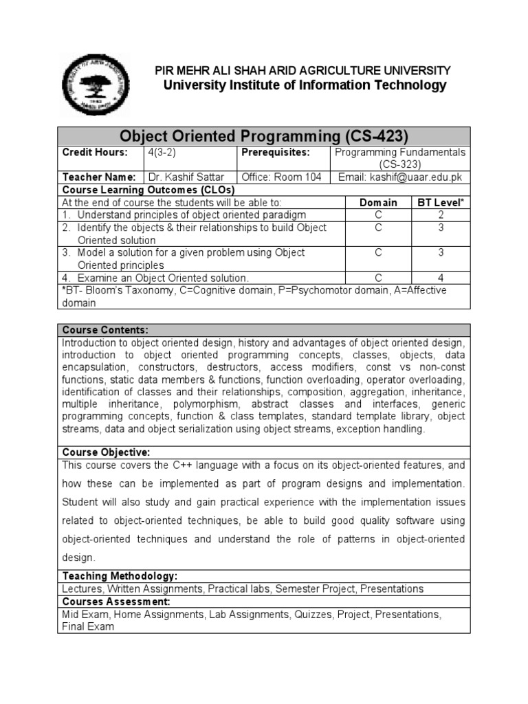Oop Course Outline Updated 06march22 Pdf Object Oriented Programming Class Computer
