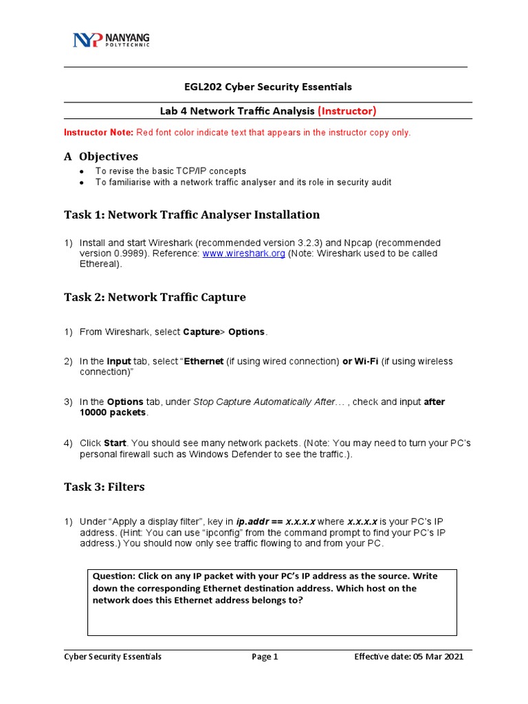 Egl202 Lab 4 Network Traffic Analysis Instructor Revisedv2 Pdf Transmission