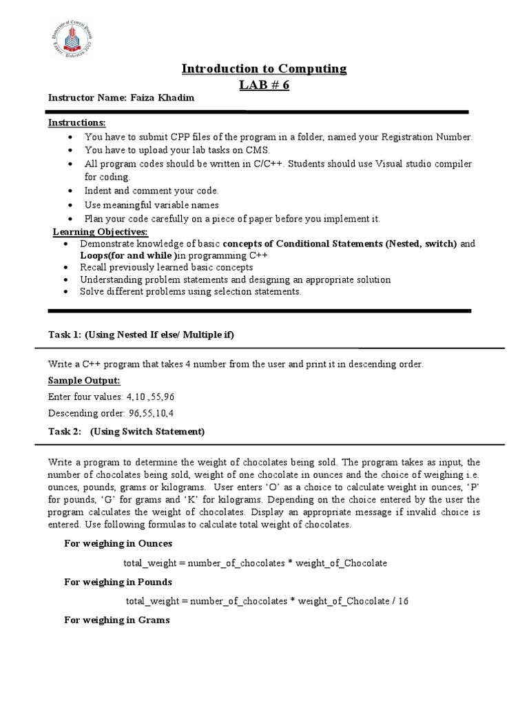 Lab 6 Selection statement and intro of loop | PDF | Computer Program | Programming