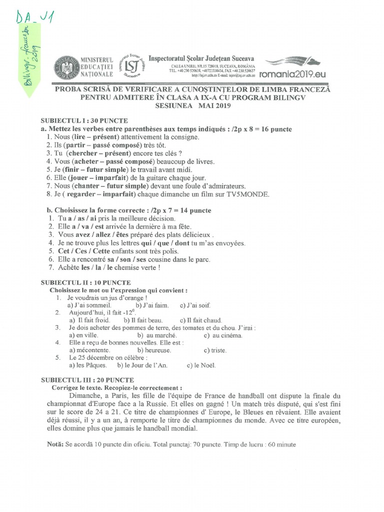Subiecte BILINGV FRANCEZĂ 2019 | PDF