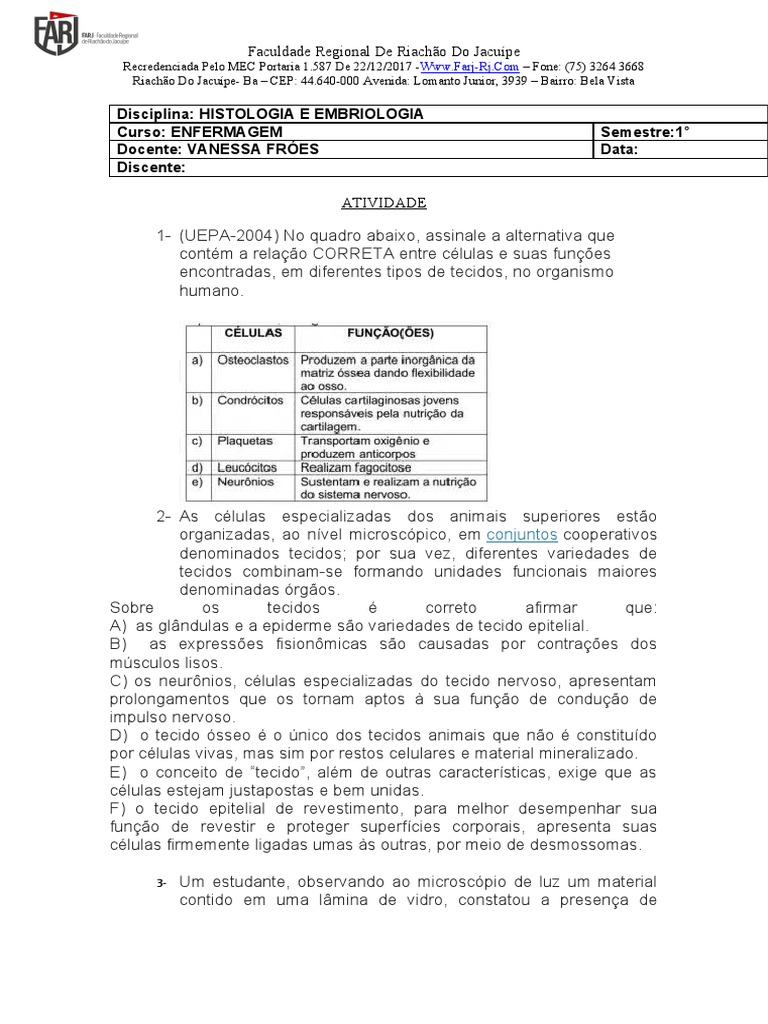 Atividade 20-03 | PDF | Tecido (Biologia) | Epitélio