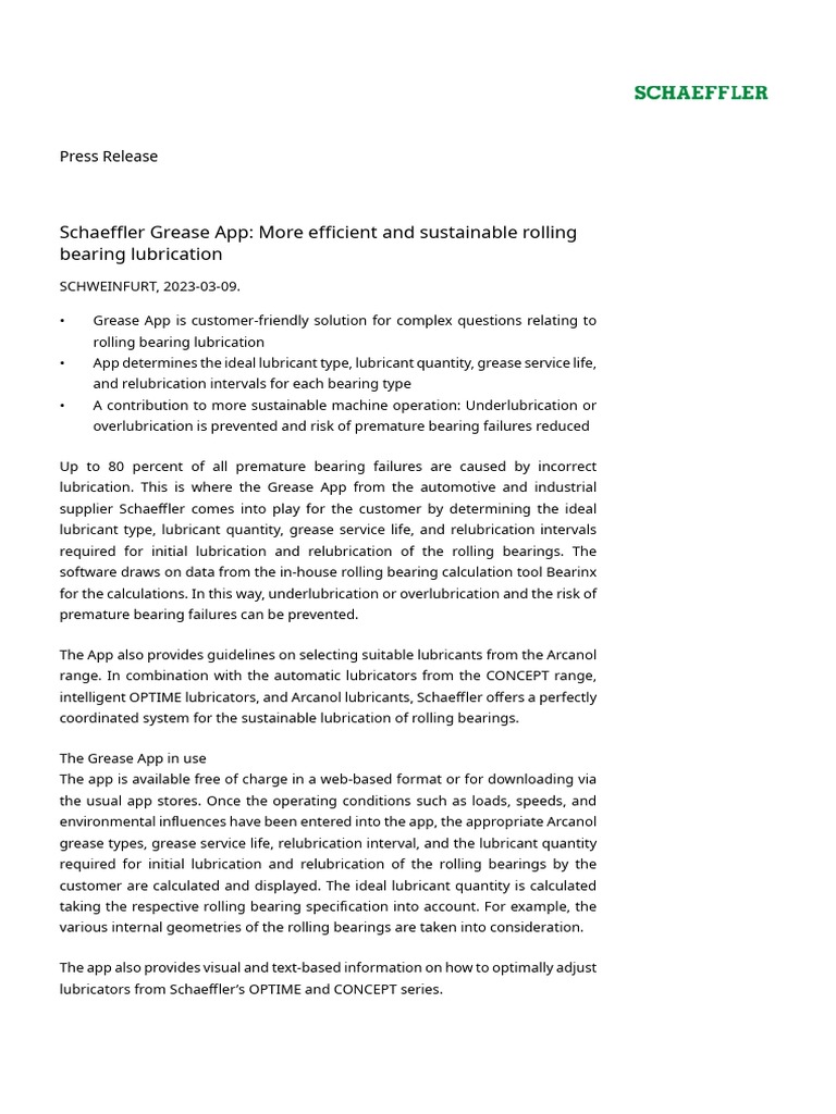 SCHAEFFLER LUBRICATIONS Pressrelease - 87900105 | PDF | Bearing (Mechanical)