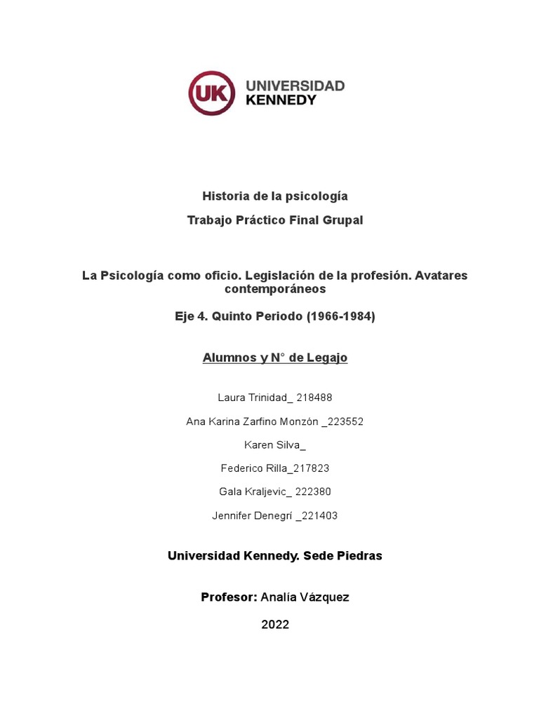 TP Final HIstoria de La Psicología (1966-1984) (1) Completo | PDF | Sicología | Psicoanálisis