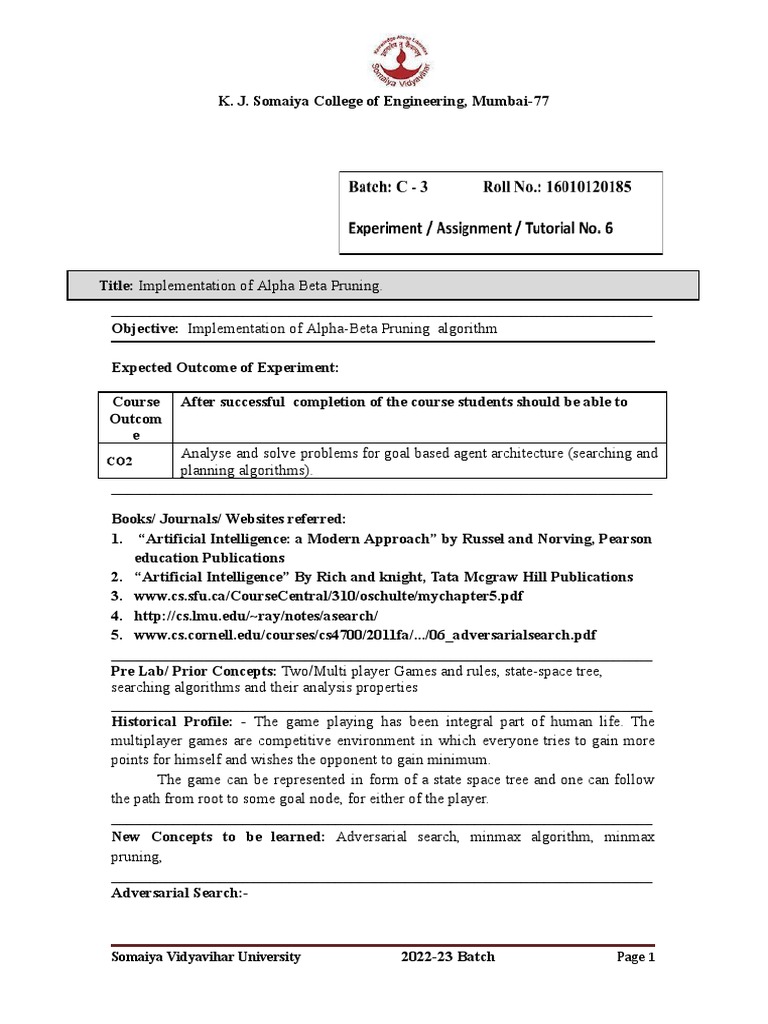 Ai Experiment 6 Alpha Beta Pruning Pdf Algorithms Algorithms And Data Structures