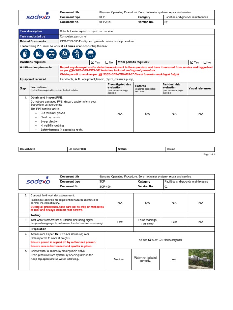 Solar Hot Water System Service SOP | PDF | Personal Protective ...
