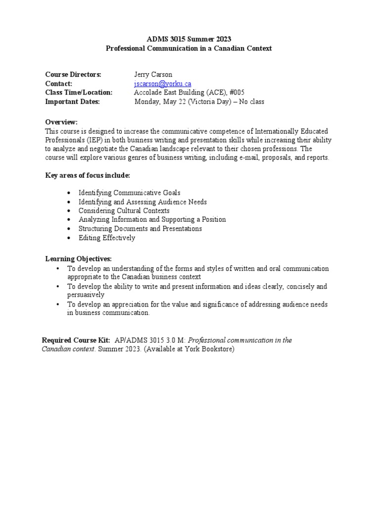 MY ADMS 3015 Course Outline S2023 | PDF