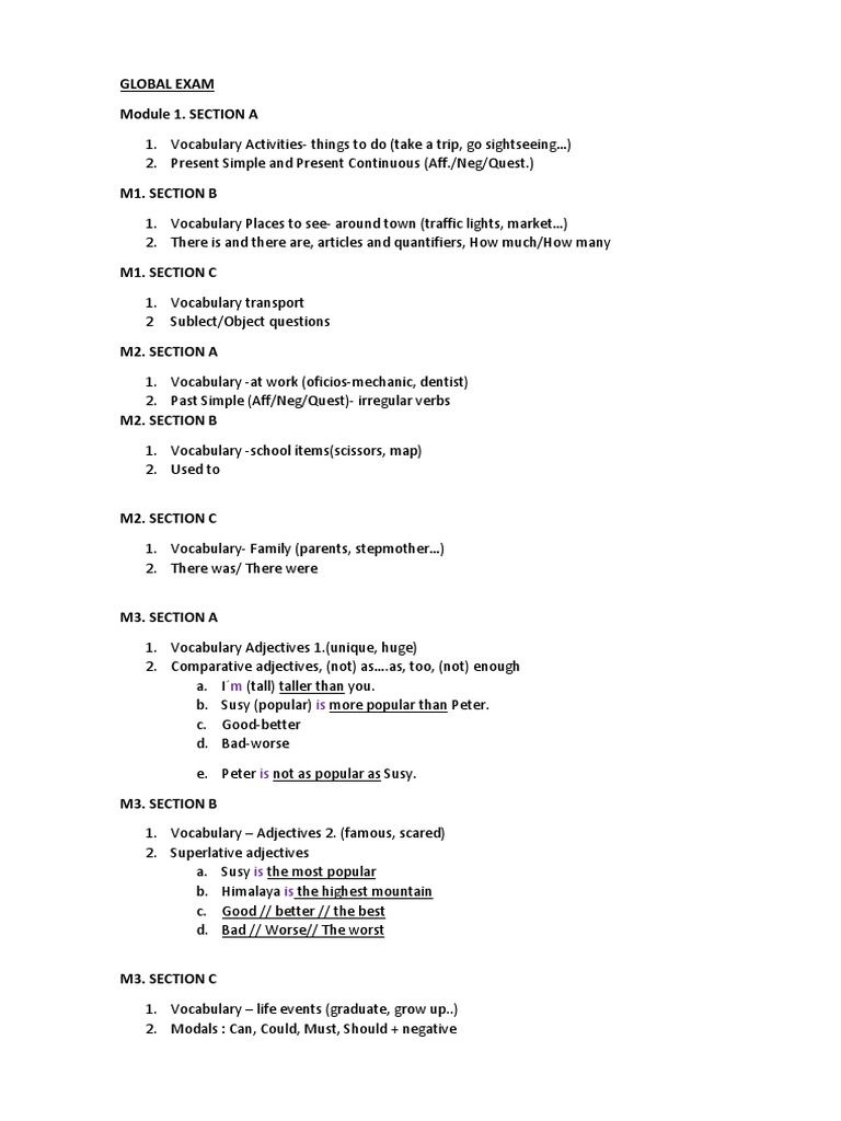 Global Exam Vocabulary and Grammar Guide | PDF