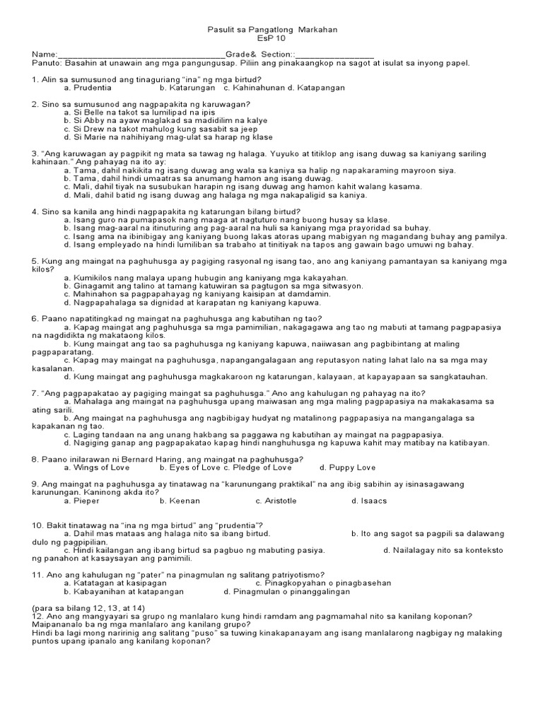 Esp 10 q3 Exam | PDF