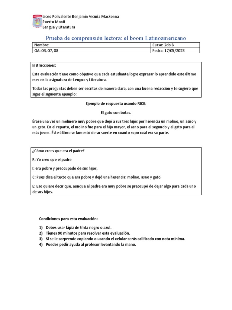 Prueba de Comprensión Lectora: Boom Latinoamericano | PDF