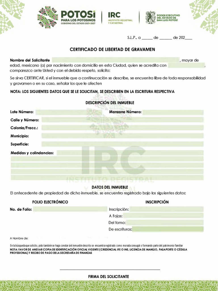 Certificado de Libertad de Gravamen: S.L.P., A - de - de 202 | PDF