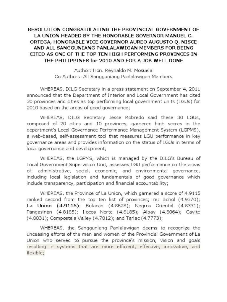 Resolution Congratulating The Provincial Government of La Union Headed ...