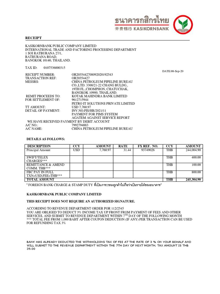 Kasikorn Bank Payment Receipt Details | PDF
