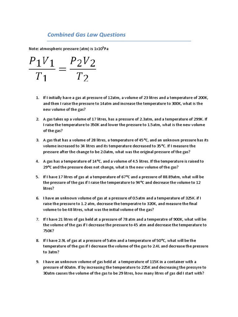 Combined Gas Law Questions | PDF