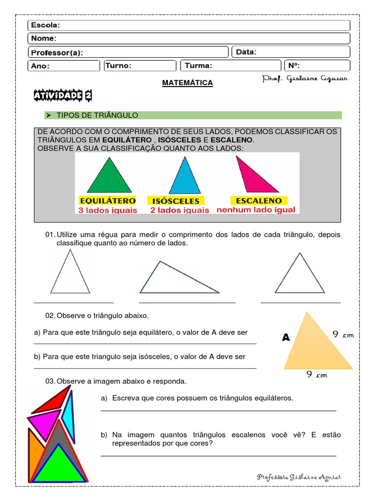 Tipos de triângulos 2 - ATIVIDADE 02 | PDF | Triângulo | Formas geométricas