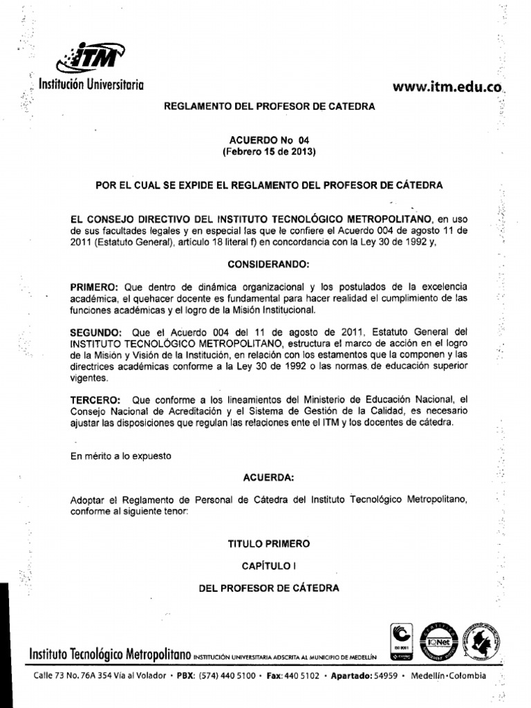 Acuerdo 4 Reglamento Profesor Catedra | PDF | Educación más alta | Maestros