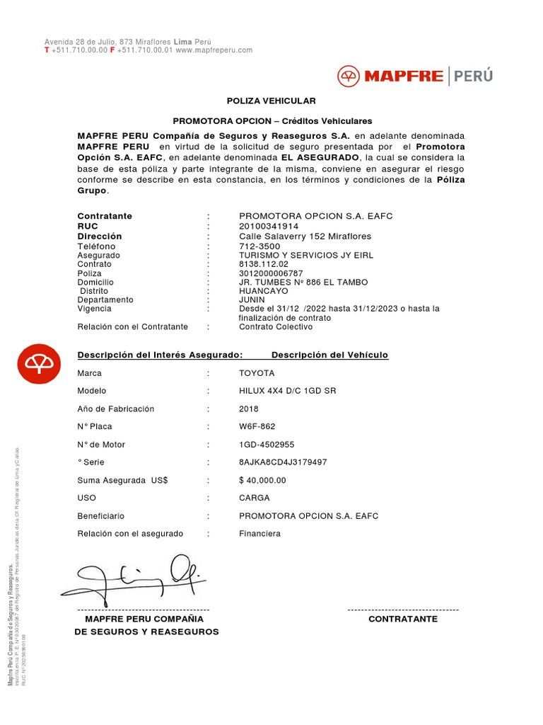 Póliza Vehicular Mapfre Perú | PDF | Seguro | Reaseguro