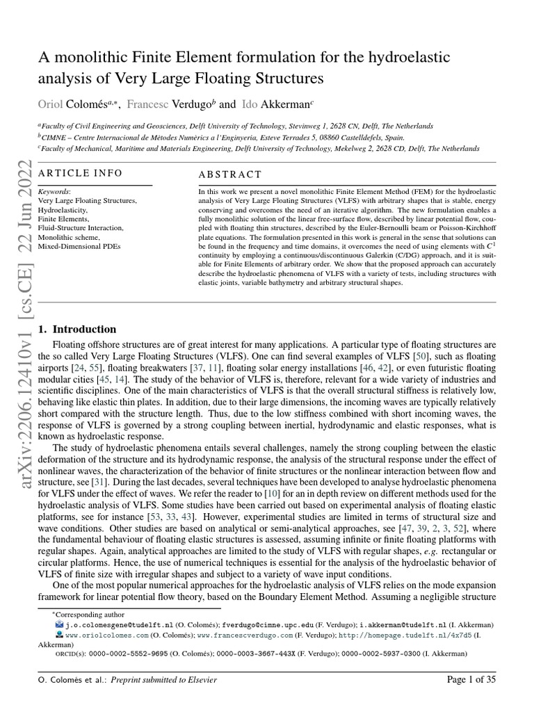 A Monolithic Finite Element Formulation For The Hydroelastic Analysis ...
