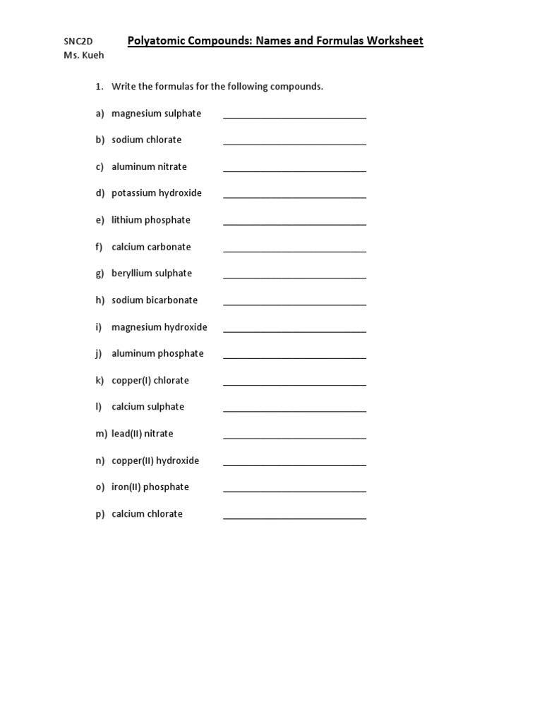 Polyatomic Naming and Formula (Worksheet) | PDF