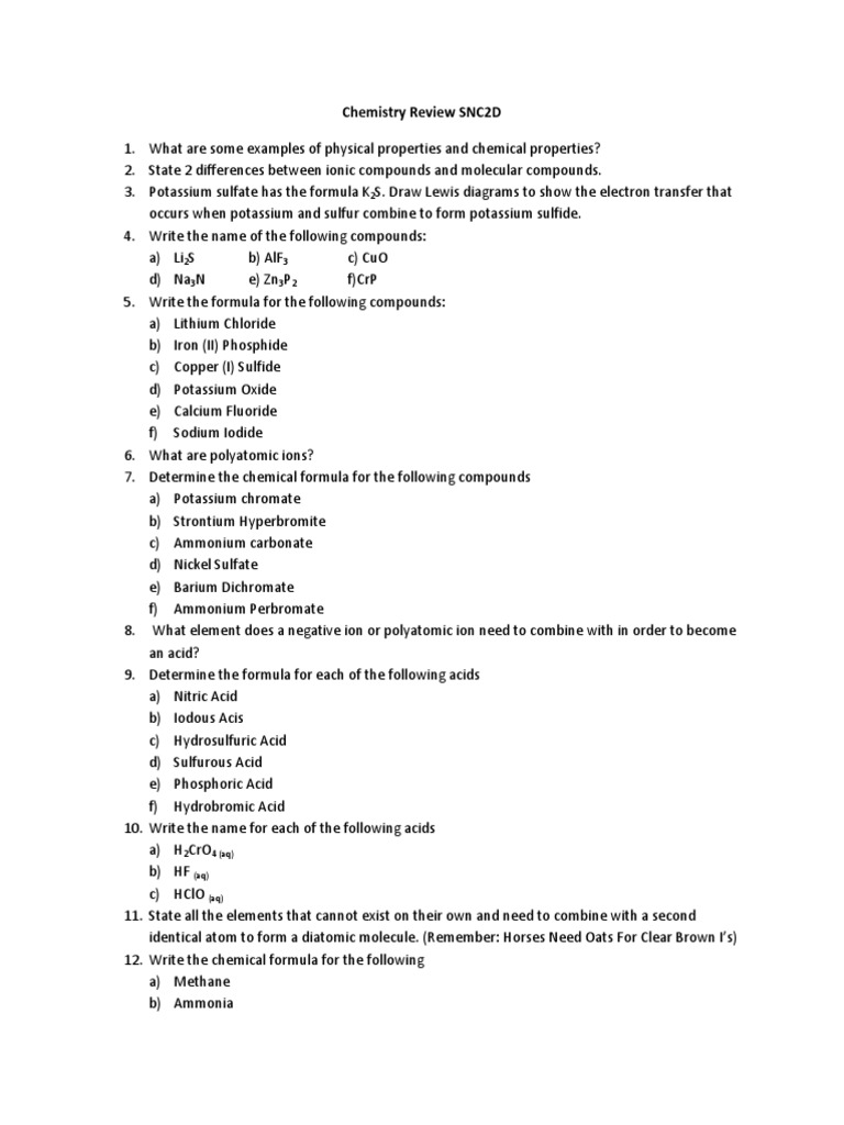 SNC2D Chemistry Review | PDF | Acid | Chemical Compounds
