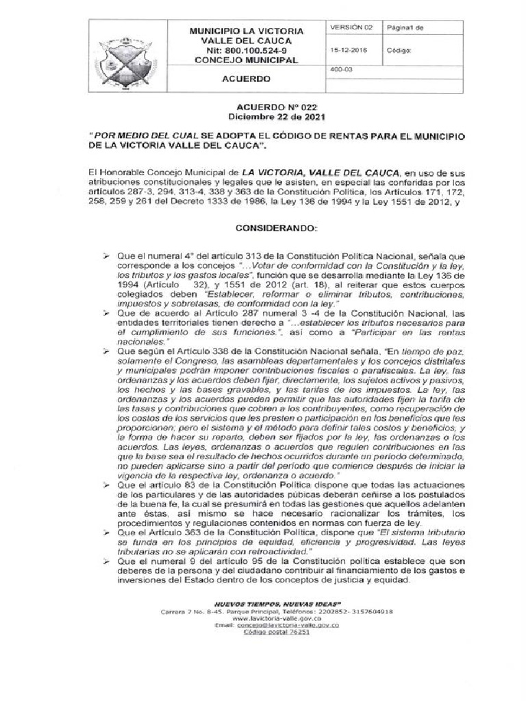 Acuerdo No 022 de Diciembre 22 de 2021 Codigo de Rentascomprimido | PDF