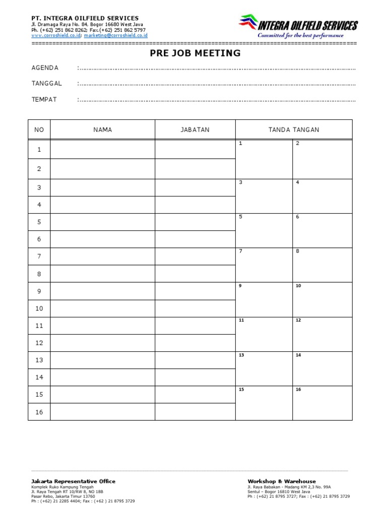 Pre Job Meeting Agenda Template | PDF