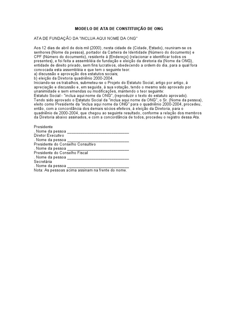 Modelo de Ata de Constituição de Ong | PDF