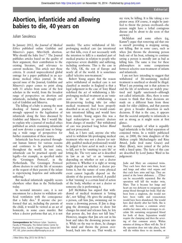 Abortion, Infanticide and Allowing Babies To Die, 40 Years On | PDF ...