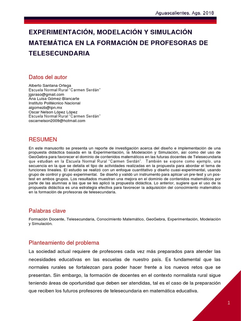 Experimentación, Modelación Y Simulación Matemática en La Formación de ...