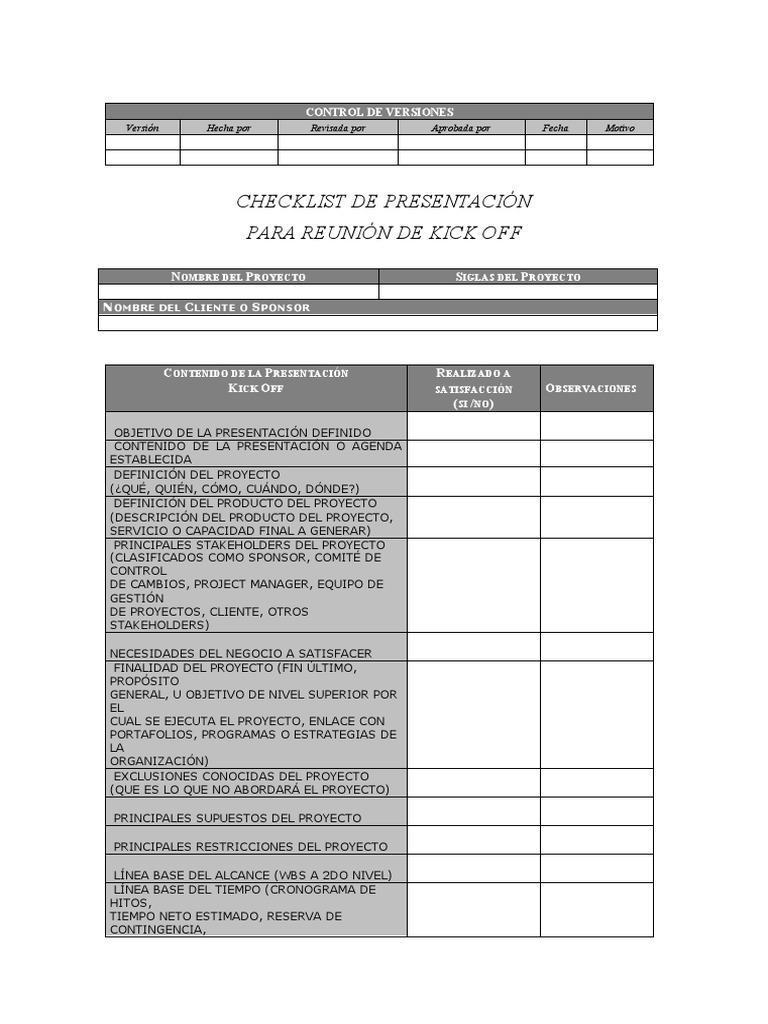 Form1-Checklist de Presentación para Reunión de Kick Off | PDF ...