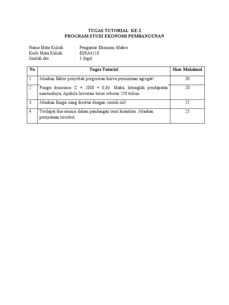 Tugas Tutorial 2 ESPA40110 - PE Makro | PDF