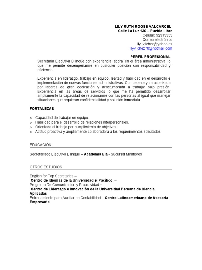 Curriculum Vitae - Lily Roose | PDF | Perú | Business