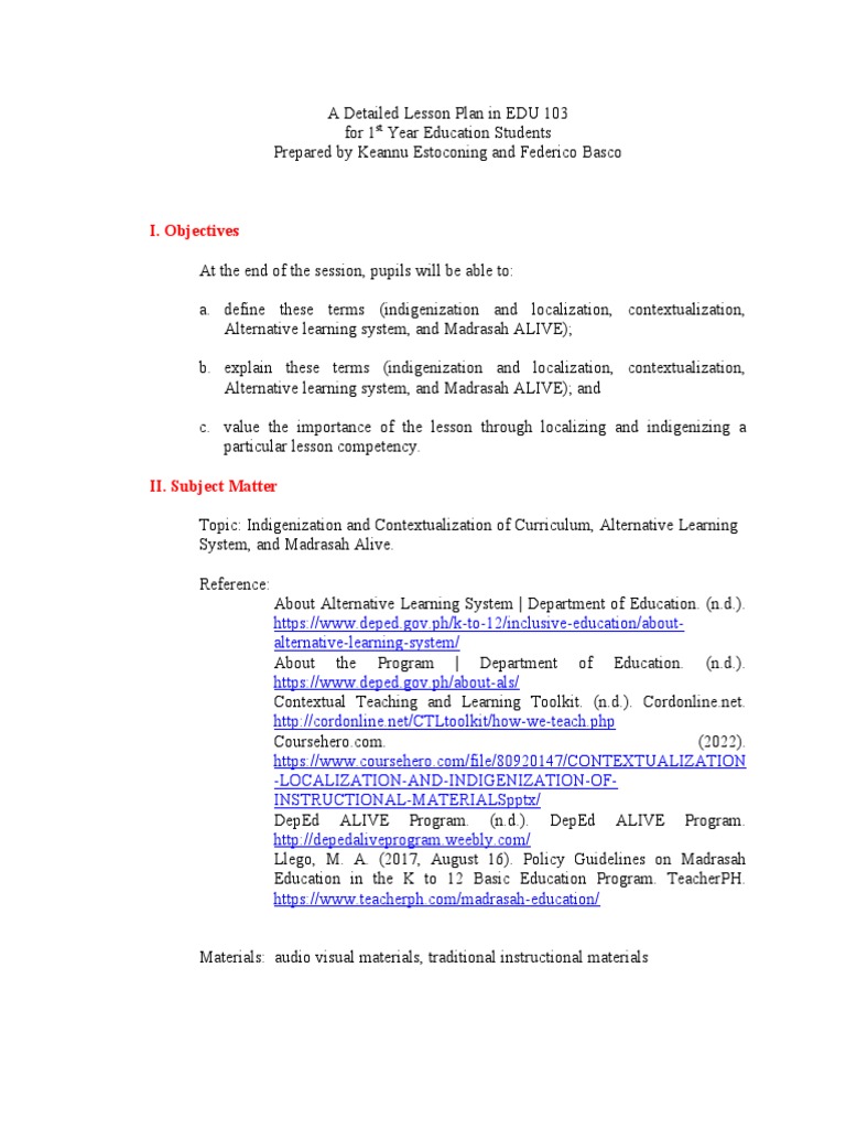 A Detailed Lesson Plan in EDU 101 | PDF | Learning | Curriculum