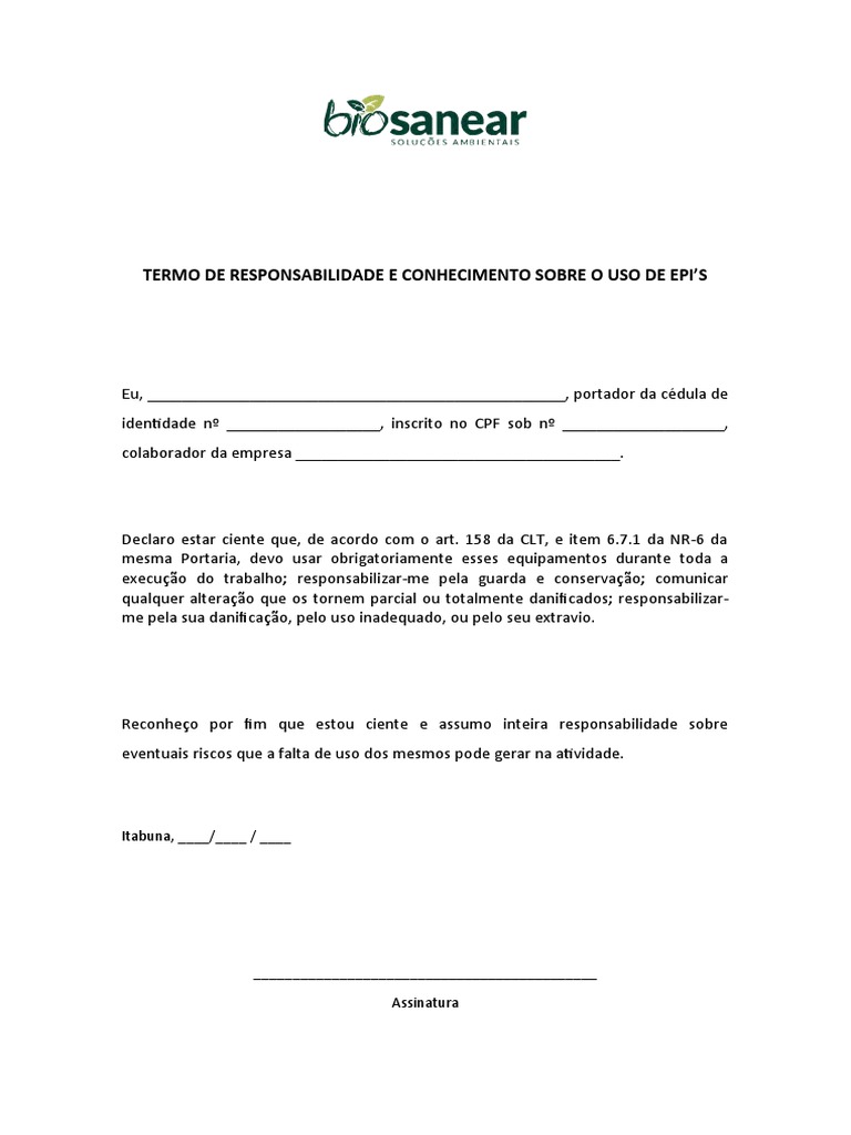 Termo de Responsabilidade e Conhecimento Sobre o Uso de Epi | PDF