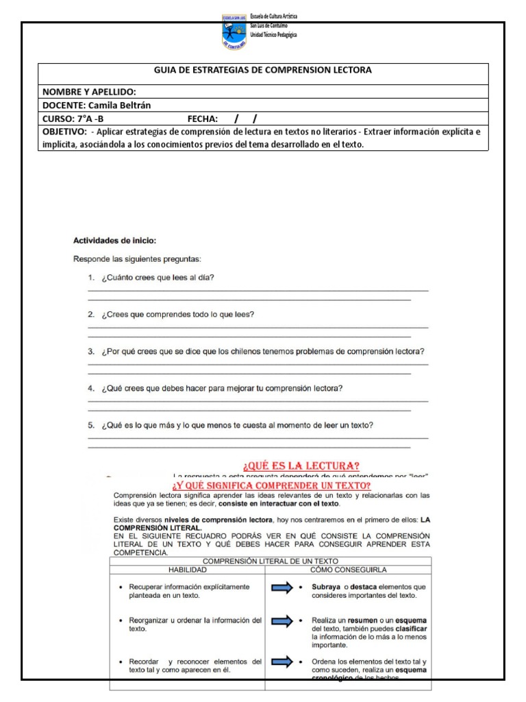 Guia de Comprension Lectora 7° | PDF | Comprensión lectora | Cognición
