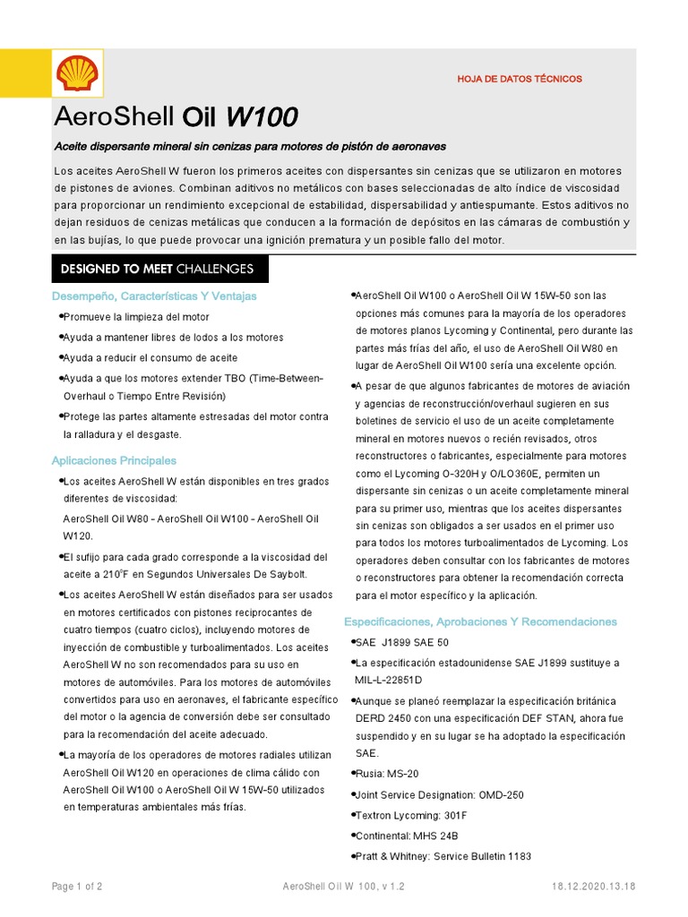 AeroShell Oil W100 | PDF | Petróleo | Motores