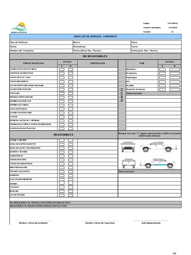 For-SIG-64 Check List Vehículo Liviano - Camioneta Rev 01 | PDF ...
