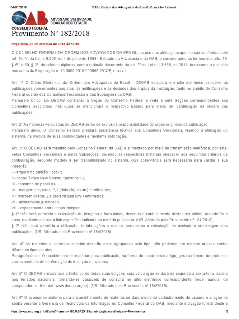 Provimento CFOAB 182.2018 | PDF
