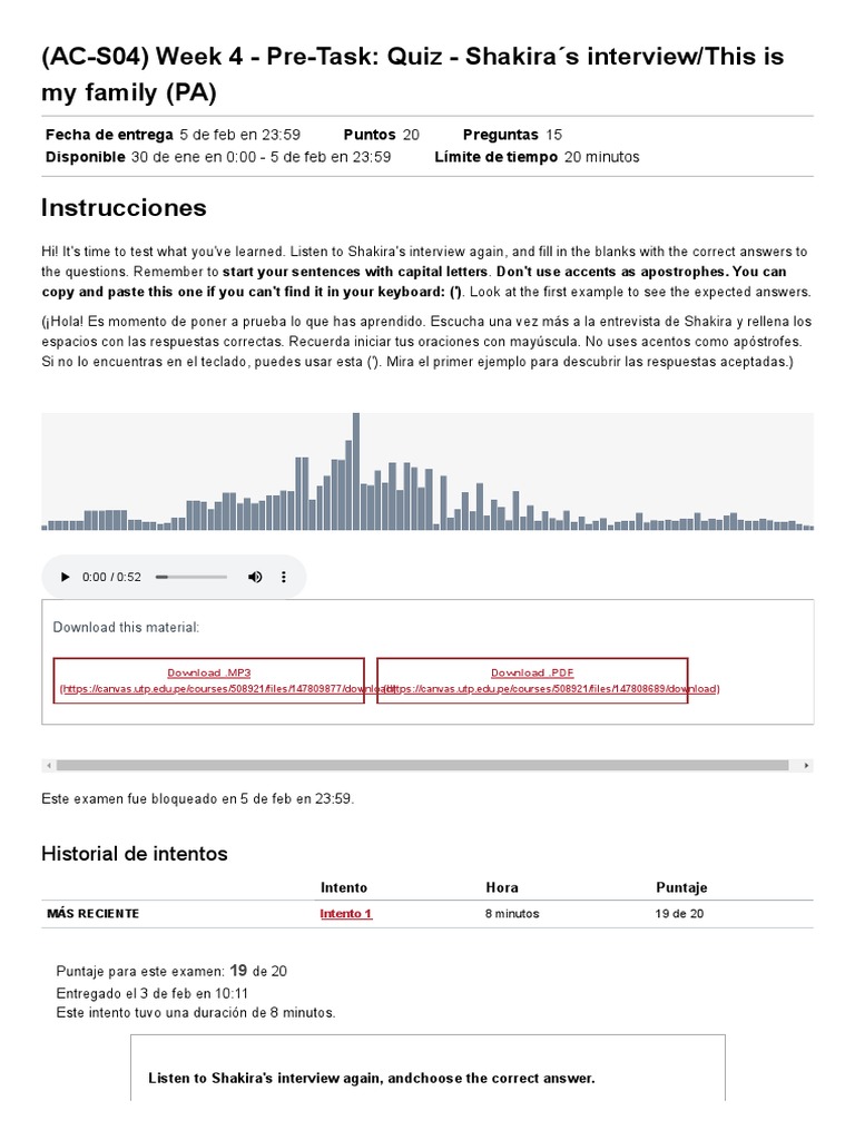(AC-S04) Week 4 - Pre-Task - Quiz - Shakira S Interview - This Is My Family (PA) - INGLES I ...