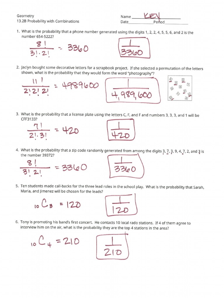13.2B Probability With Combinations HW Key | PDF