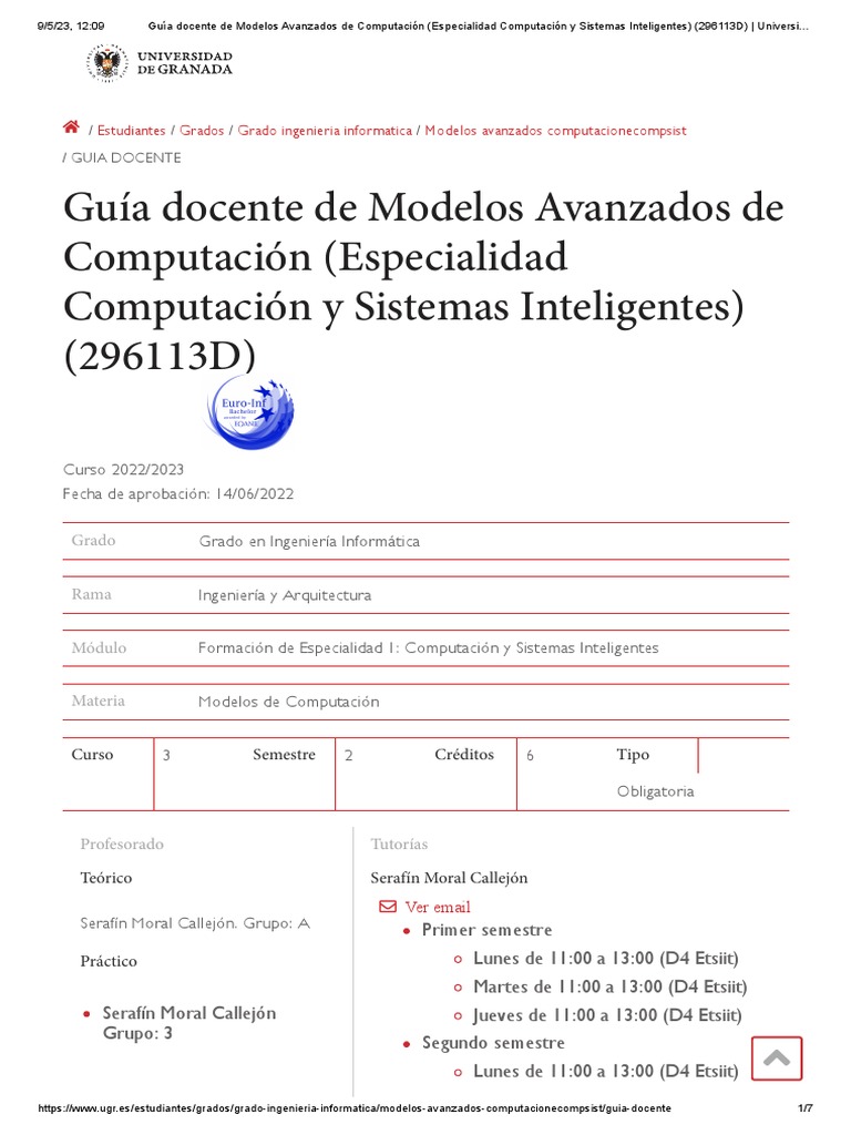 Guía Docente de Modelos Avanzados de Computación (Especialidad Computación y Sistemas ...