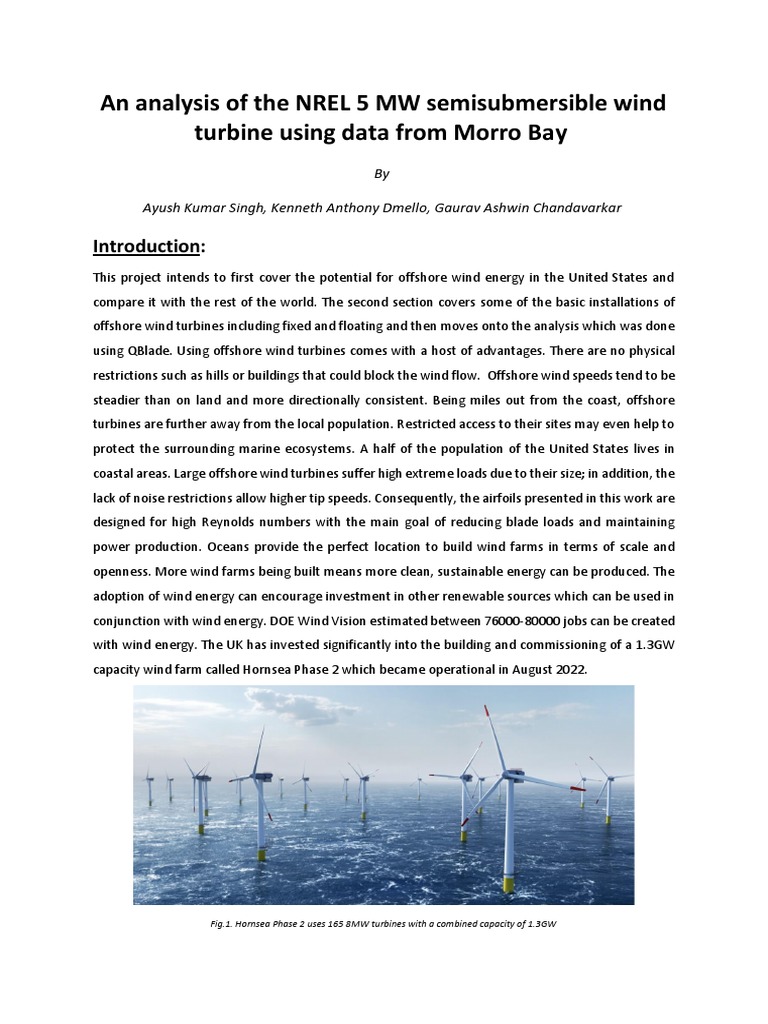 An Analysis of The NREL 5 MW Semisubmersible Wind Turbine Using Data From Morro Bay | PDF ...