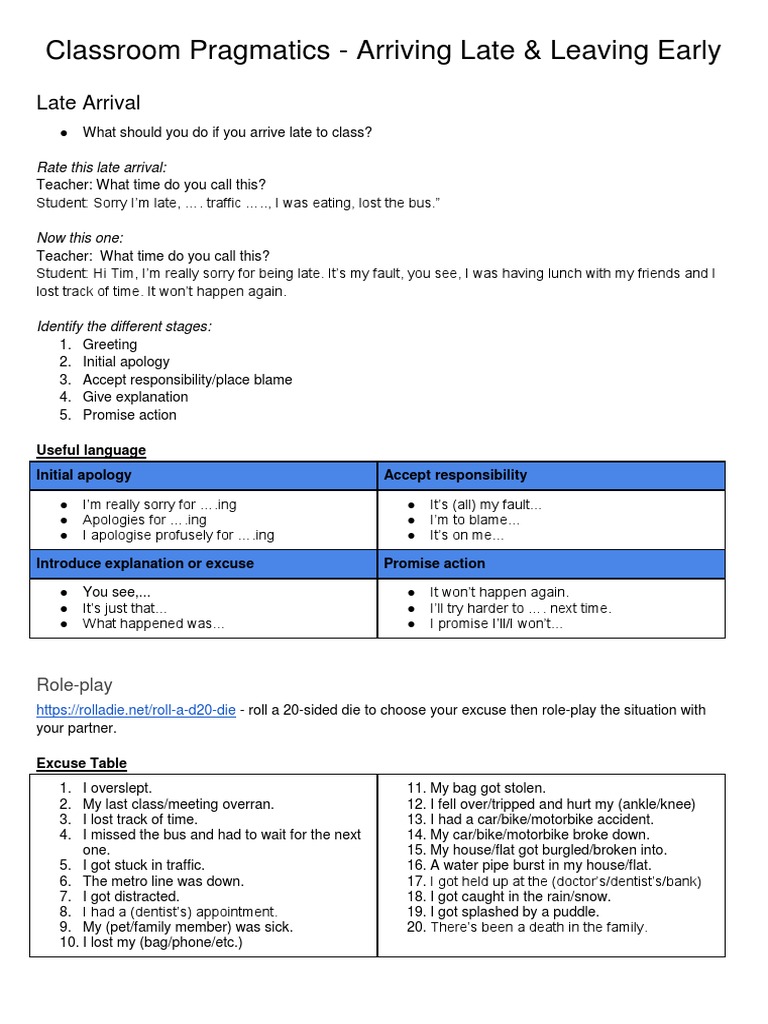 Classroom Pragmatics Arriving Late Leaving Early 1 | PDF