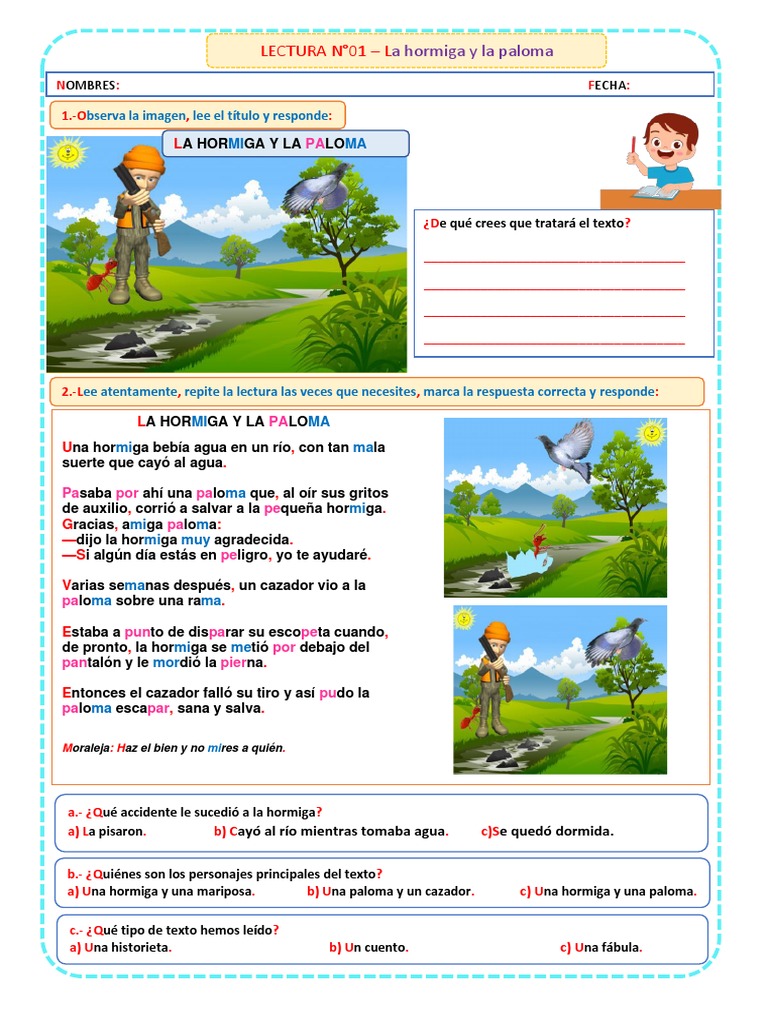 La paloma y la hormiga: fábula y actividades | PDF