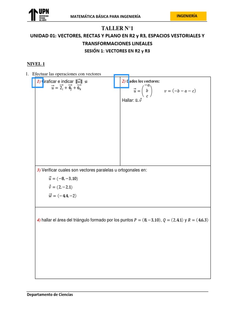 Taller de Clase Semana 01 PDF | PDF | Vector Euclidiano | Álgebra lineal