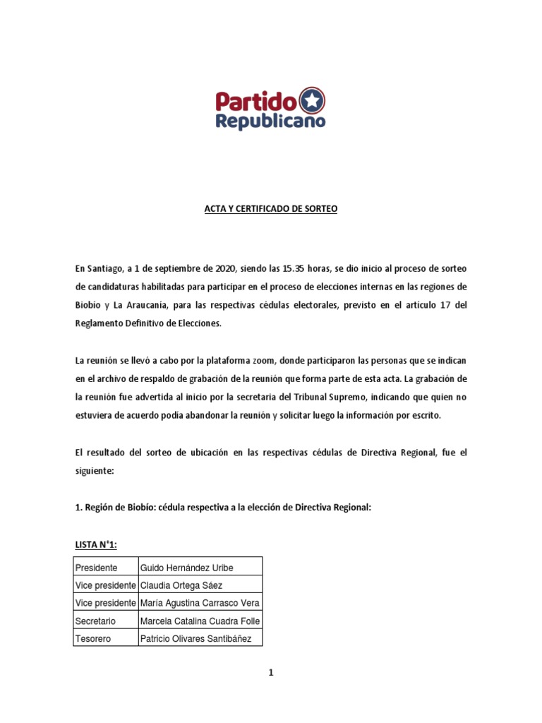 Acta y Certificado de Sorteo 01-09-2020 | PDF